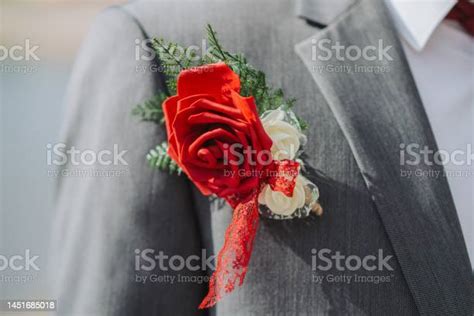 결혼식 날 햇빛 아래에서 빨간 장미가 달린 회색 양복을 입은 신랑의 클로즈업 결혼식에 대한 스톡 사진 및 기타 이미지 결혼식 꽃 식물 남자 Istock