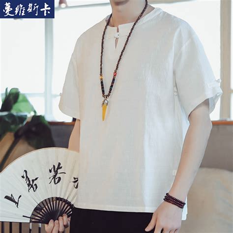 夏季男士短袖唐装薄款棉麻中式V领T恤中国风盘扣宽松茶人居士汉服 虎窝淘