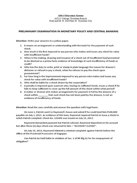 Preliminary Examination Questions On Monetary Policy And Central