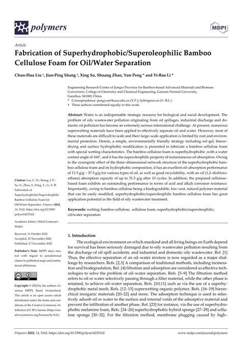 Pdf Fabrication Of Superhydrophobicsuperoleophilic Bamboo Cellulose Foam For Oilwater Separation