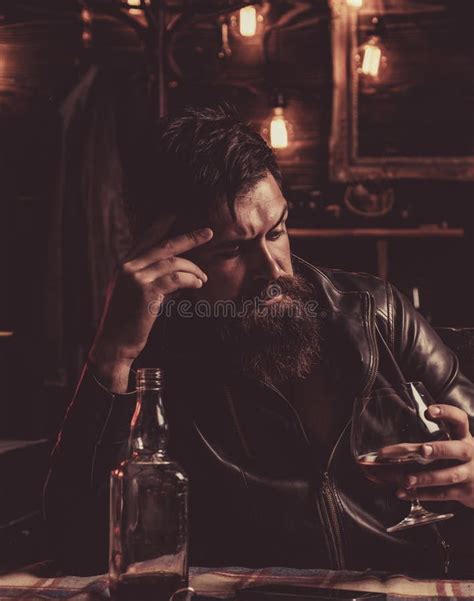 Drinking Man Man With Beard Holds Glass Brandy Man Holding A Glass Of