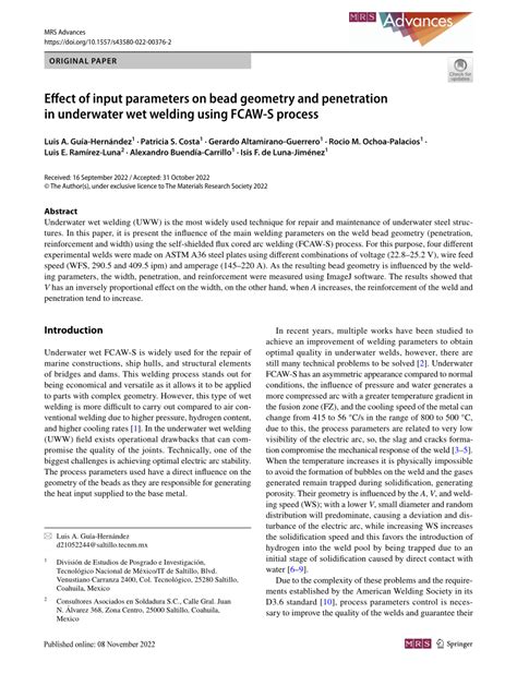 Pdf Effect Of Input Parameters On Bead Geometry And Penetration In Underwater Wet Welding