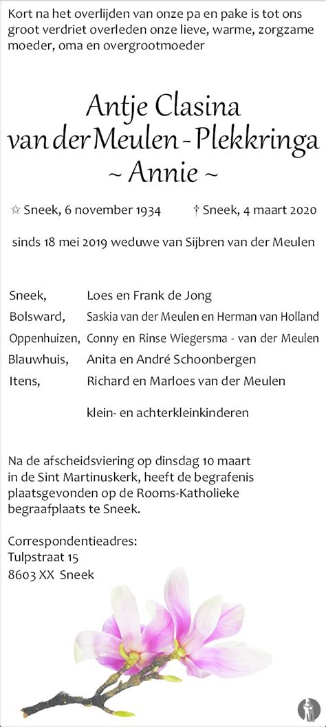 Antje Clasina Annie Van Der Meulen Plekkringa 04 03 2020