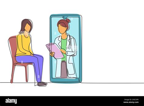 Single Continuous Line Drawing Female Doctor Holding Clipboard Checking Condition Of Female