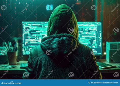 back view of hacker in a hood with hidden face looks at the monitor