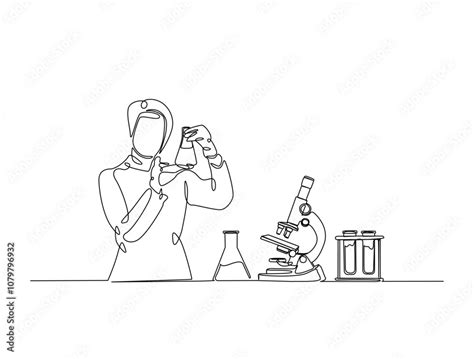 Continuous One Line Drawing Of Scientist Holds Flashk In Labs With Microscope And Laboratory