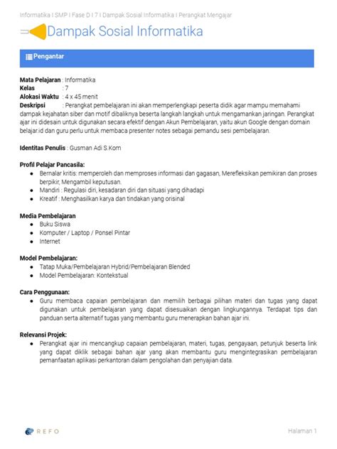 Informatika Bahan Ajar Smp 7 Fase D Dampak Sosial Informatika Pdf