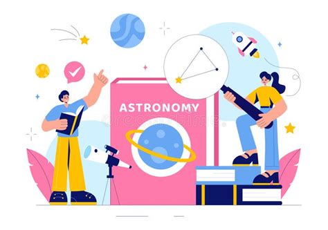 Astronomy Vector Illustration Featuring People Observing A Starry Night Sky With Galaxies And