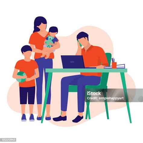 아버지는 바쁘게 일하고 가족을 소홀히 했습니다 가족 및 직장 생활 문제 개념 벡터 플랫 만화 일러스트레이션 가족에 대한 스톡