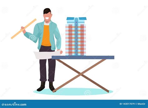 Man Architect Holding Level Engineer Working With New Building City Model For Urban Panning