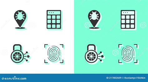 Set Fingerprint System Bug Cyber Security And Password Protection Icon Vector Stock Vector