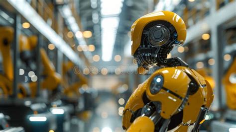 Yellow Humanoid Robot In A High Tech Factory Setting Concept Of
