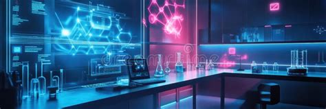 Futuristic Digital Chemistry Lab With Holographic Elements And Neon Blue Lighting For