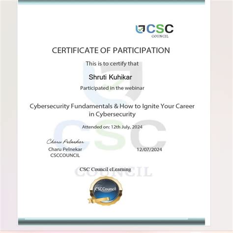 Earned A Certificate Of Participation In Cybersecurity Webinar Shruti