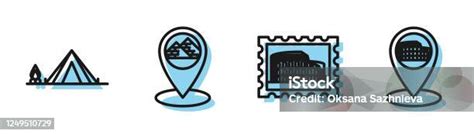 세트 라인 우편 스탬프와 콜로세움 나무 불이 관광 텐트 이집트 피라미드와 지도 포인터와 로마 이탈리아 아이콘콜로세움지도 포인터 벡터 건축에 대한 스톡 벡터 아트 및 기타