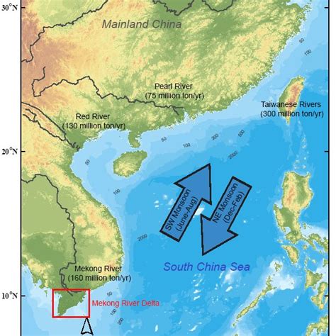 A Bathymetric Map Of The South China Sea With Major Fluvial Sediment