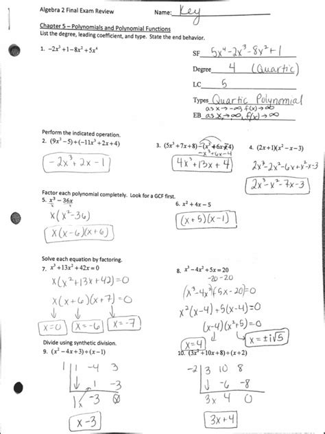 Algebra 2 Final Exam Review Answer Key Pdf