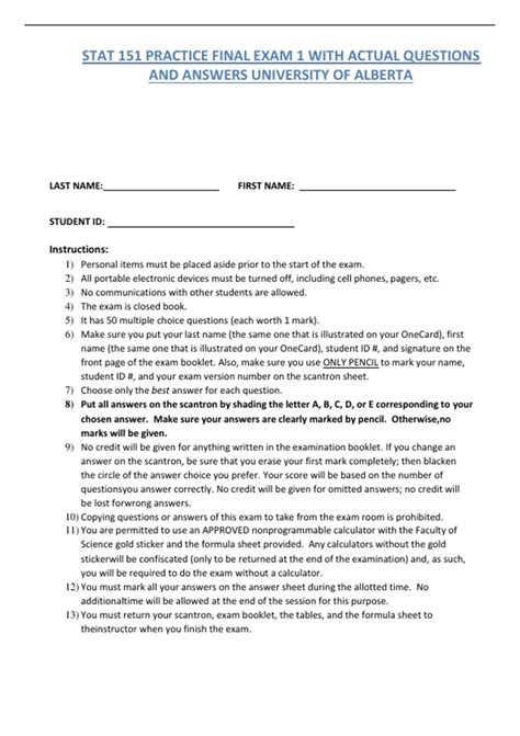 Stat 151 Practice Final Exam 1 With Actual Questions And Answers University Of Alberta Stat