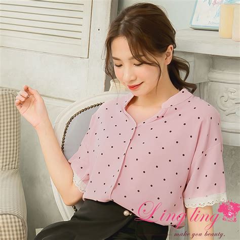 Lingling 【中大尺碼】甜美氣息波點前短後長v領短袖上衣輕柔豆粉 Pchome 24h購物