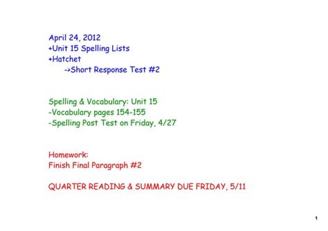 Hatchet Short Response 2 Ppt