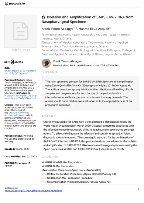 Pdf Isolation And Amplification Of Sars Cov 2 Rna From Nasopharyngeal
