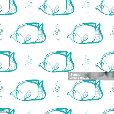 낙서 스타일의 간단한 물고기와 거품이 있는 매끄러운 패턴 벡터 바다 배경입니다 섬유 포장지 벽지 인쇄 귀여운에 대한 스톡 벡터 아트 및 기타 이미지 Istock