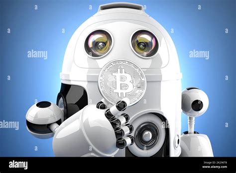 Robot Looking At Bitcoin Coin In His Hands 3d Illustration Contains