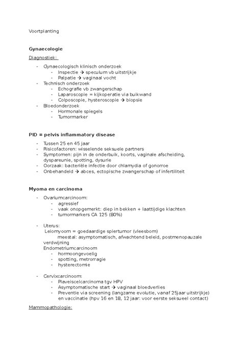 Voortplanting Samenvatting Voortplanting Gynaecologie Diagnostiek Gynaecologisch Klinisch