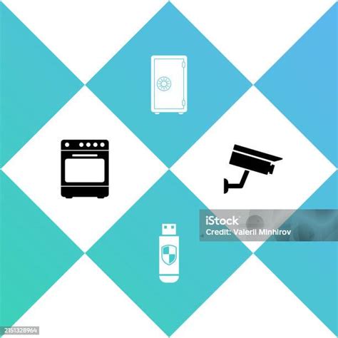 오븐 Usb 플래시 드라이브 및 쉴드 안전 및 보안 카메라 아이콘을 설정합니다 벡터 Usb 케이블에 대한 스톡 벡터 아트 및 기타 이미지 Usb 케이블 가정 생활