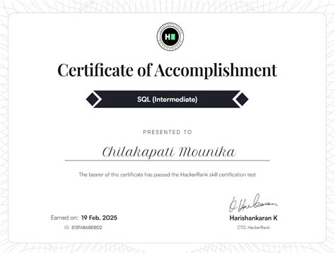 🚀 Excited To Share My Hackerrank Sql Intermediate Certification Mounika Chilakapati