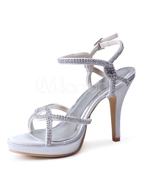 Sexy Ecru White Rhinestone Stiletto Heel Silk And Satin Dress Sandals