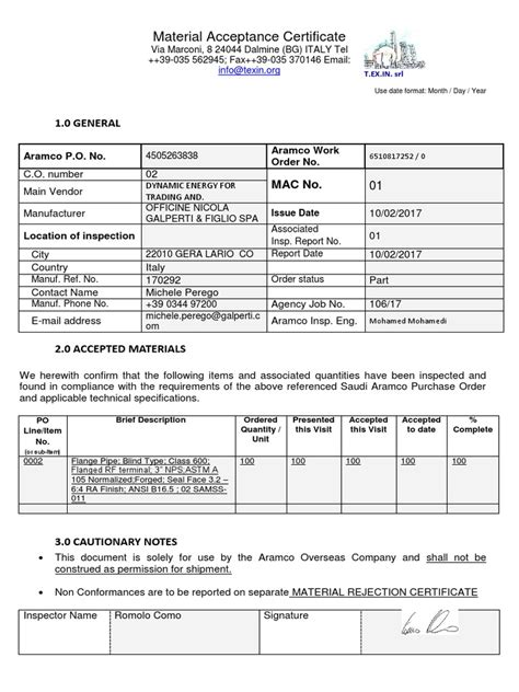 Material Acceptance Certificate 106 17 Download Free Pdf Business