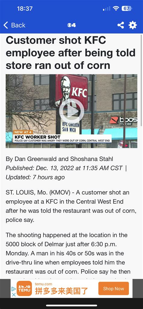 Customer Shot Kfc Employee After Being Told Store Ran Out Of Corn Link