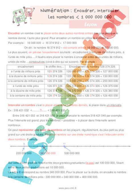 Encadrer et intercaler les nombres inférieur à 1 000 000 000 Cours
