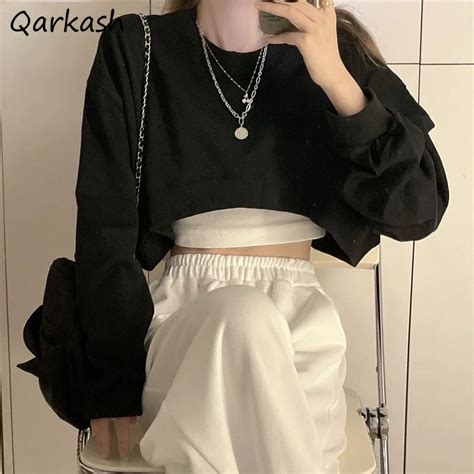 여성용 O 넥 크롭 디자인 스웨터 셔츠 레저 루즈핏 스웻셔츠 2021 귀여운 옷 시크한 순수 봄 트렌디 한국 패션후드티