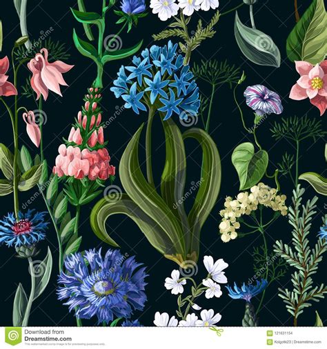 与野花的无缝的样式在黑暗的背景 也corel凹道例证向量 向量例证 插画 包括有 春天 装饰 121631154