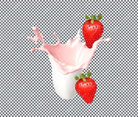 투명한 배경에 분리된 우유 스플래시가 있는 신선한 딸기 프리미엄 Psd 파일