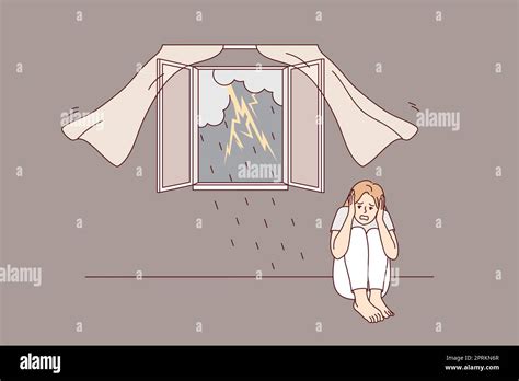 Scared Girl Sitting On Floor Afraid Of Storm Outdoors Terrified Young