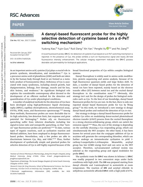 Pdf A Dansyl Based Fluorescent Probe For The Highly Selective Detection Of Cysteine Based On A