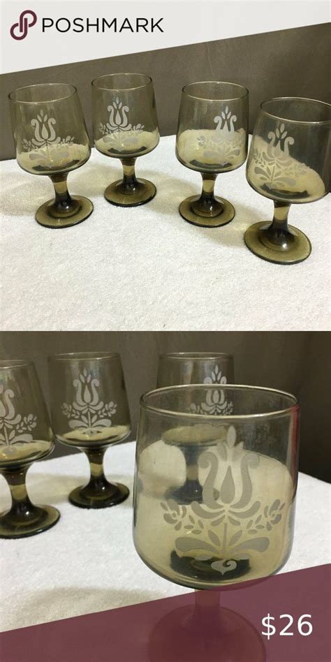 4 Vintage Pfaltzgraff Village Brown Glass Wine Glasses Water Goblets