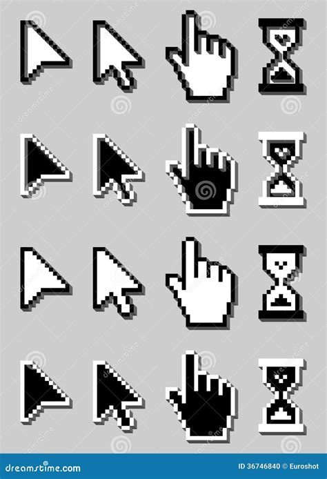 3d pixel cursors icons set mouse hand arrow hourglass stock vector