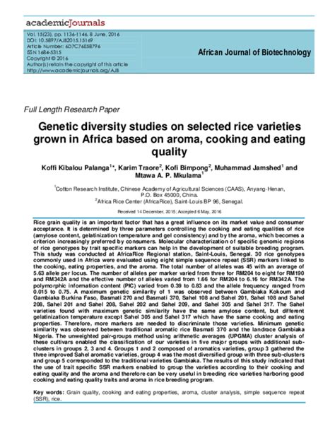 Pdf African Journal Of Biotechnology Genetic Diversity Studies On