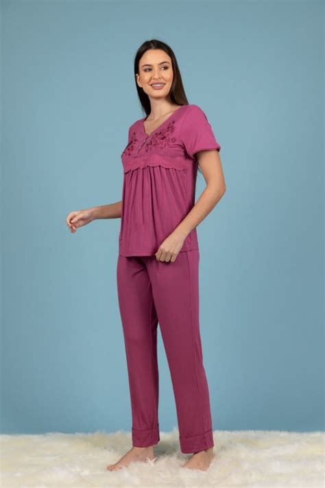 Ladies Dark Pink Embroidery Chest Pj