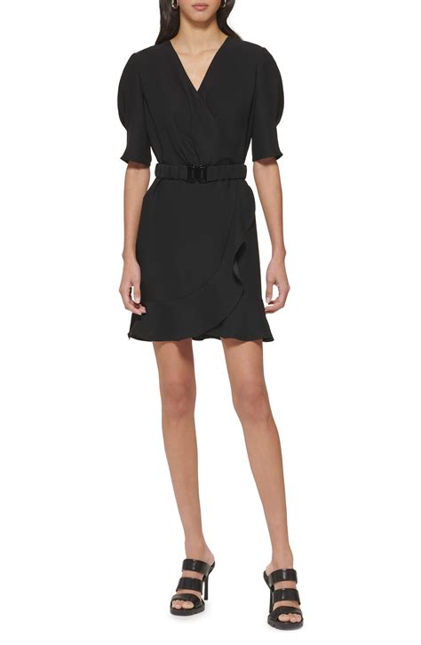 Dkny Belted Faux Wrap Dress In Black Lyst