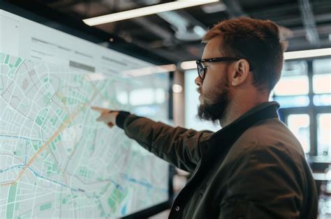 A Man In A Dark Shirt Points At A Digital Map Screen Deeply Focused On