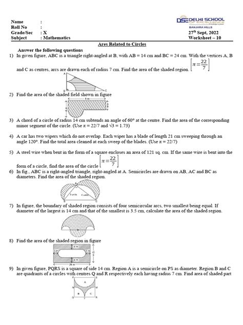 Ws 12 Areas Related To Circles Pdf Area Circle