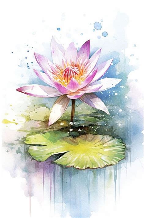 Watercolor Painting Of A Pink Flower On Top Of A Lily Pad