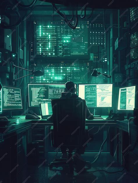 A Hacker Immersed In Work At A Desk With Multiple Computer Screens In A Dimly Lit Room
