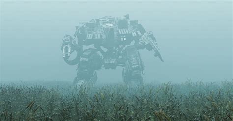 안개가 자욱한 들판에 서 있는 빛나는 렌즈를 가진 미래 지향적인 Ai 전투 드로이드 사이보그 기계 3d 그림 3d 렌더링 사진 Unsplash의 전투 이미지