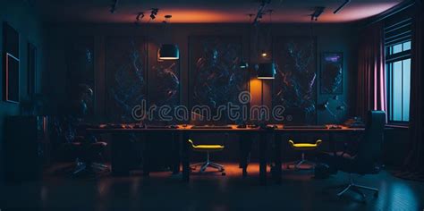 A Dimly Lit Room With A Table And Chairs Generative AI Stock